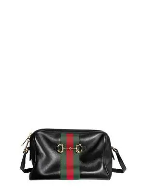 Gucci Camera Mini Handbag In Soft Calfskin Leather With Horsebit Detail And Web Stripe - Black