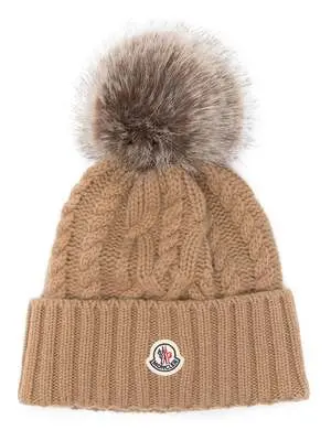 Moncler Berretto In Misto Lana E Cashmere Con Pon Pon - Brown