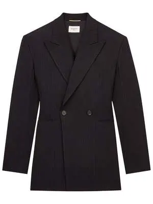 Saint Laurent Giacca Doppiopetto In Lana Mélange Gessata - Black