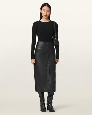 ALLSAINTS Rock Leather Midi Skirt Black