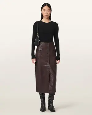 ALLSAINTS Rock Leather Midi Skirt - Red