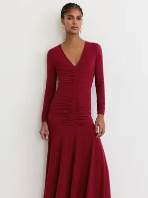 REISS Cathy Ruched Mesh Long-sleeve Maxi Dress