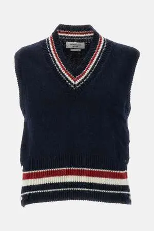 Thom Browne GILET SCOLLO A V IN MAGLIA INTARSIATA HECTOR Blu