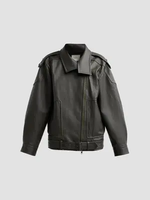 Vince Oversized Leather Biker Jacket - Deep Forest
