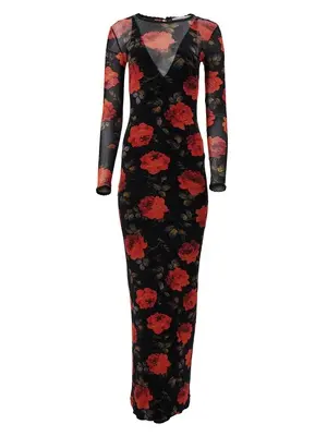 Carolina Herrera Rose-print Mesh Maxi Dress - Black Multi