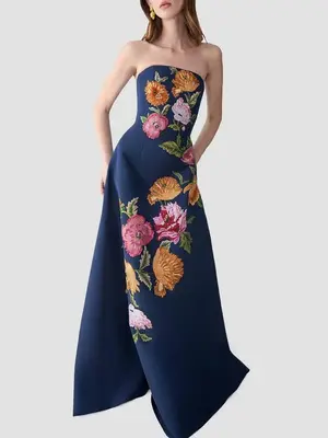 Carolina Herrera Floral-embroidered Silk Strapless Gown