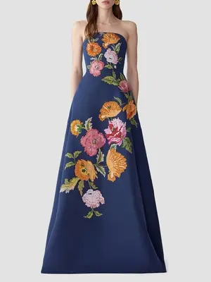 Carolina Herrera Floral-embroidered Silk Strapless Gown