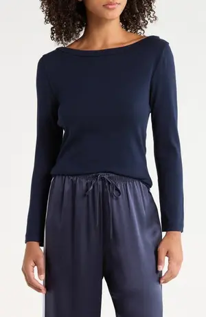 Donni. The Baby Rib Boat Neck Top - Navy