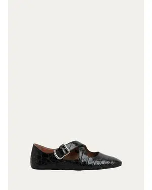 Alaïa Croc-embossed Leather Crisscross Ballerina Flats - Noir