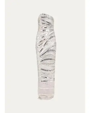 Pamella Roland Wave Beaded Tulle Strapless Column Gown