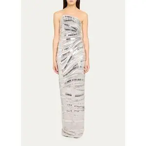 Pamella Roland Wave Beaded Tulle Strapless Column Gown