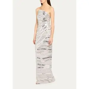 Pamella Roland Wave Beaded Tulle Strapless Column Gown