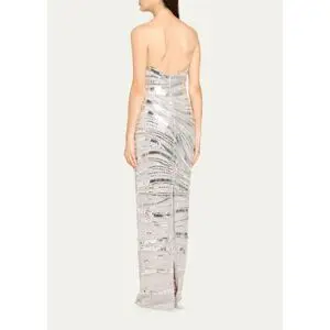 Pamella Roland Wave Beaded Tulle Strapless Column Gown