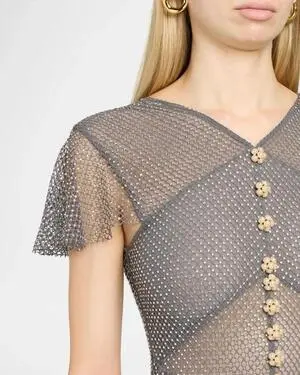 SELF-PORTRAIT Rhinestone Fishnet Maxi Dress - Grey