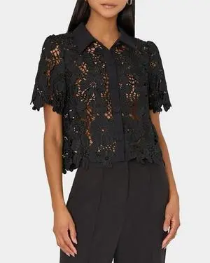 MILLY Addison Roja Cropped Floral Lace Top - Black