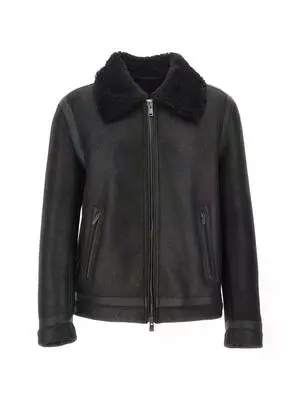 BOSS Grained Leather Jacket With Shearling Collar