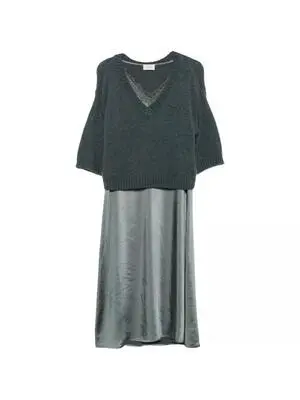 VERA MONT Lace-trim Satin-finish Midi Dress - Green