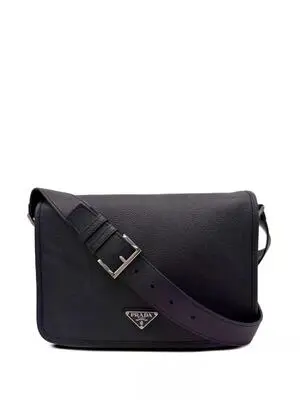 Prada 2013-2026 Grained Calfskin Flap Messenger Bag Crossbody Bag - Black