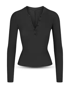 SKIMS Ribbed Cotton Blend Henley Top - Soot