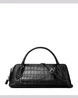 Tory Burch Lock Croc Embossed Leather Convertible Handbag - Black