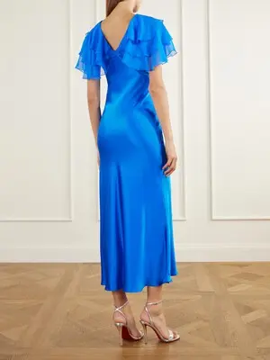 RODARTE Ruffled Cape-effect Floral-appliquéd Silk-satin Midi Dress