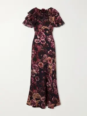 RODARTE Ruffled Cape-effect Floral-print Silk-chiffon Maxi Dress