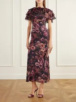 RODARTE Ruffled Cape-effect Floral-print Silk-chiffon Maxi Dress