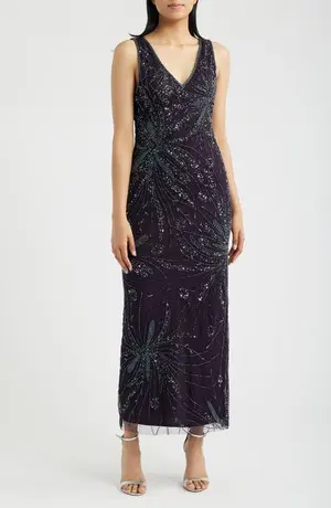 Pisarro Nights Star Burst Beaded Sleeveless Gown - Eggplant