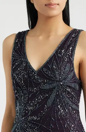 Pisarro Nights Star Burst Beaded Sleeveless Gown