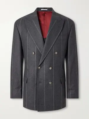 Brunello Cucinelli Double-breasted Pinstriped Wool, Cashmere And Silk-blend Flannel Suit Jacket - Gray