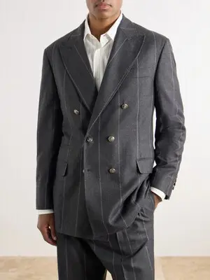 Brunello Cucinelli Double-breasted Pinstriped Wool, Cashmere And Silk-blend Flannel Suit Jacket