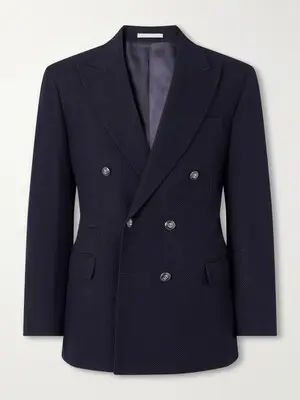 Brunello Cucinelli Double-breasted Wool And Cotton-blend Herringbone Suit Jacket - Blue