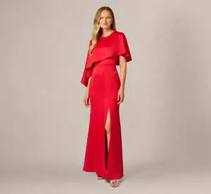 Adrianna Papell Satin Beaded Collar Asymmetrical Cape Gown