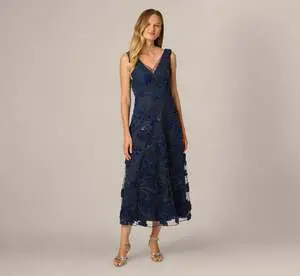 Adrianna Papell Beaded Floral Soutache Embroidery Ankle Length Dress - Navy