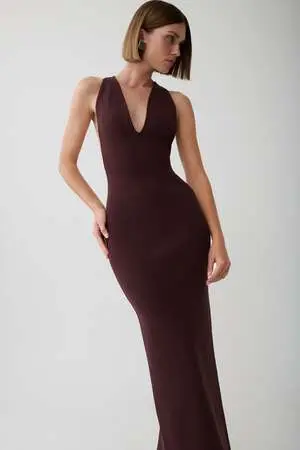 Meshki Darla Deep V Knit Maxi Dress - Chocolate