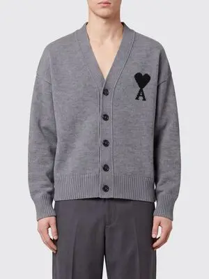 AMI Paris V-neck Pure Wool Cardigan With Contrast Logo Grey