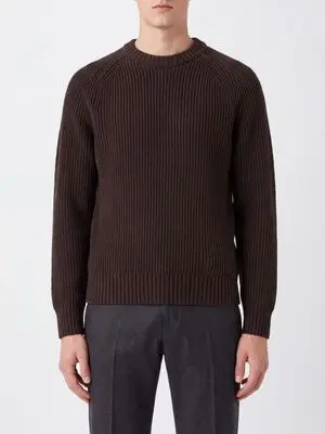 Closed Crewneck Jumper In Pure Wool With Long Sleeves And Ribbed Trims - Brown