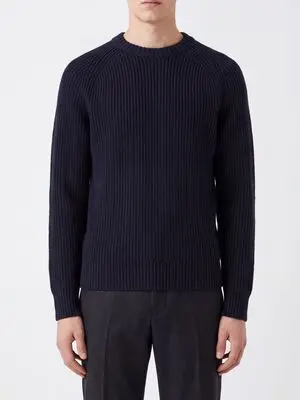 Closed Crewneck Jumper In Pure Wool With Long Sleeves And Ribbed Trims - Navy