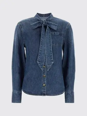 SELF-PORTRAIT Cotton Denim Shirt With Pussy-bow Collar And Pockets