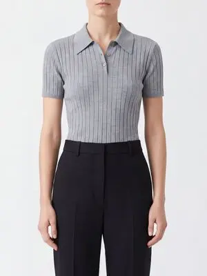 TOTEME Slim Fit Ribbed Cashmere And Silk Knit Polo Shirt Grey