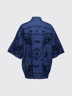 Zimmermann Aster Embroidered Cotton Shirt With Mandarin Collar - Blue