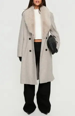 Princess Polly Hallyn Faux Fur Collar Belted Coat - Beige