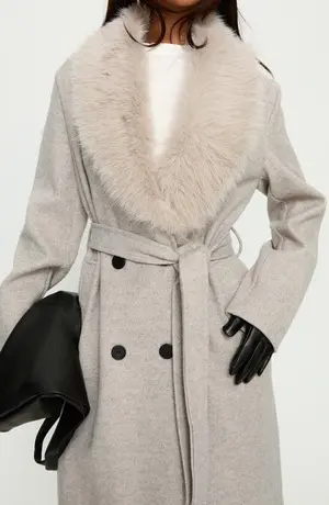 Princess Polly Hallyn Faux Fur Collar Belted Coat