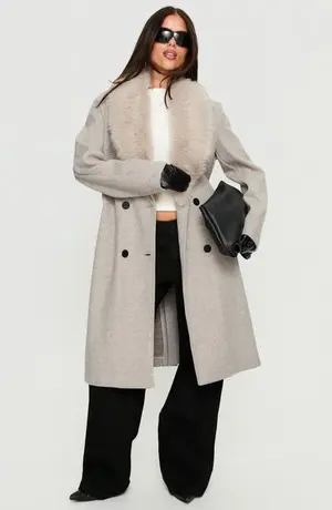Princess Polly Hallyn Faux Fur Collar Belted Coat