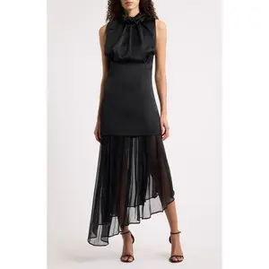 BOSS Draped High Neck Asymmetric Satin & Chiffon Dress - Black
