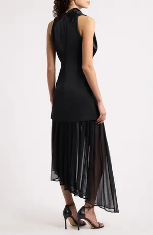 BOSS Draped High Neck Asymmetric Satin & Chiffon Dress