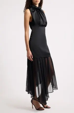 BOSS Draped High Neck Asymmetric Satin & Chiffon Dress