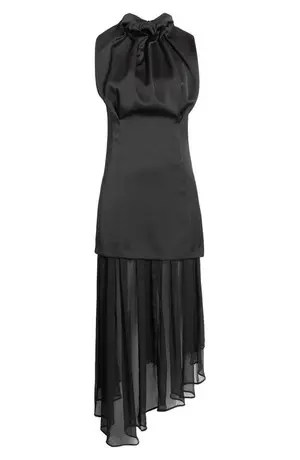 BOSS Draped High Neck Asymmetric Satin & Chiffon Dress