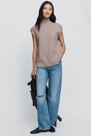 Maeve Mock Neck Cap Sleeve Sweater - Tan