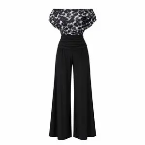 ATOM LABEL Carbon Bardot Wide Leg Jumpsuit Grey Leopard - Black